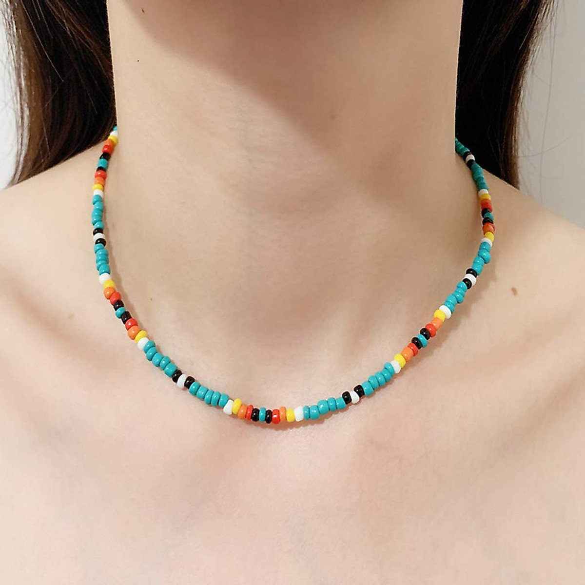 Yalice Boho Choker Necklace Chain Rainbow Seed Bead Necklaces Beach Beaded Choker Jewelry for Women (Colorful)