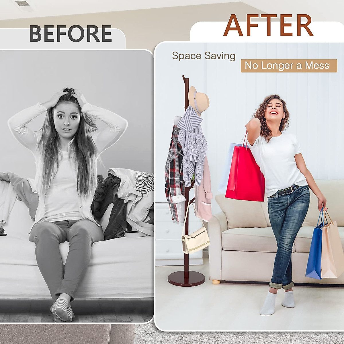 Wooden Coat Rack Freestanding Coat Tree with 4 Height Options and 9 Hooks, Sturdy Coat Rack Stand for Clothes/Bags/Hats, Easy Assemble Save Space for Entryway,Bedroom,Office,Narrow Place (Brown)