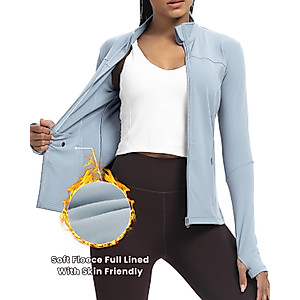 AVGO Workout Jackets for Women, Fleece Jackets Full Zip Long Sleeves Running Track Jacket with Pockets(Milk Gray,Small)