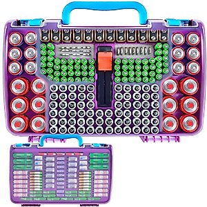 Battery Storage Organizer Case Holder Box with Tester, Double-Sided Batteries Fits for 269 Caddy Container AA AAA AAAA 3A 4A 9V C D Lithium 23A 4LR44 CR123A CR1632 CR2032 - Purple