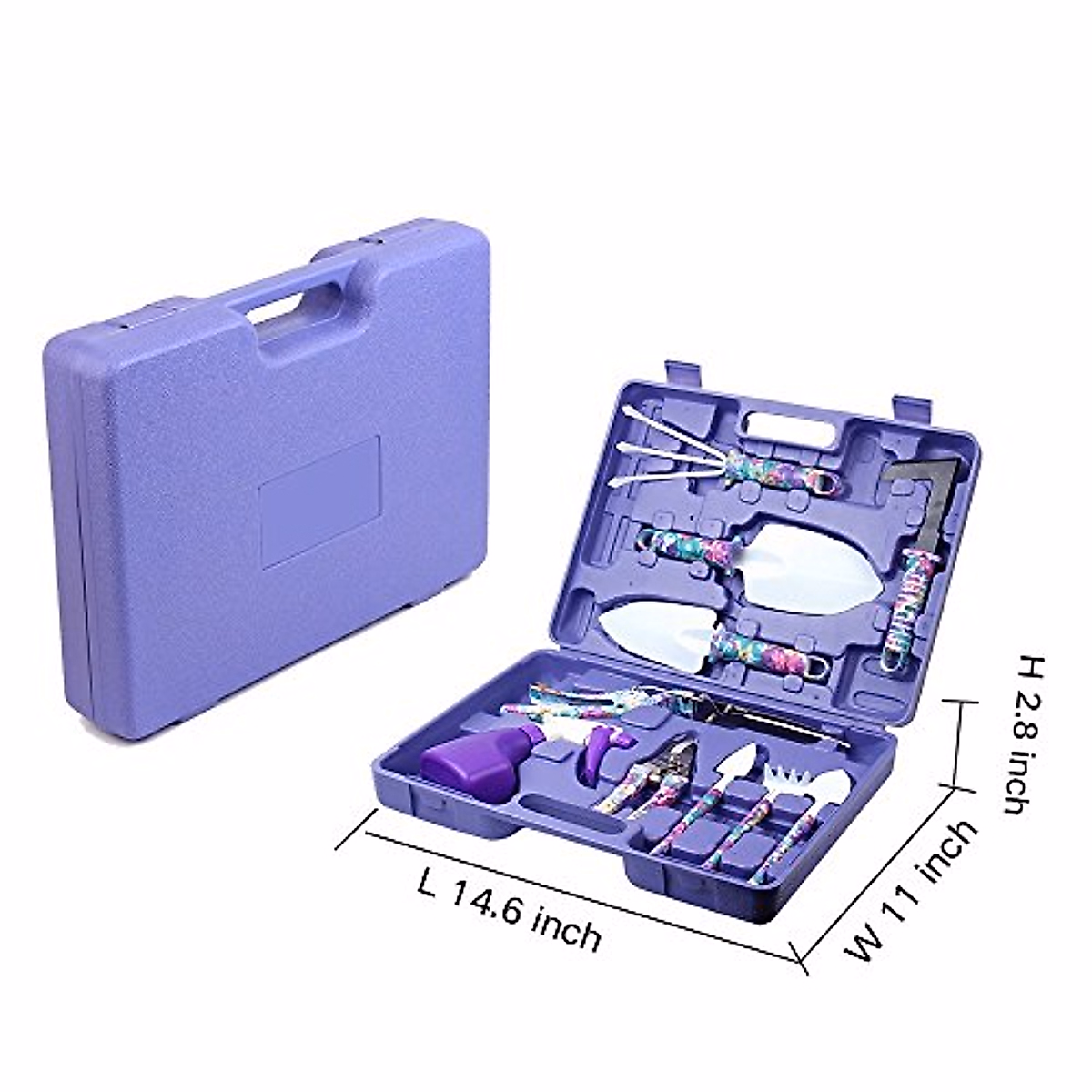 Garden Tools Set, JUMPHIGH 10 Pieces Gardening Tools with Purple Floral Print, Ergonomic Handle Trowel Rake Weeder Pruner Shears Sprayer, Garden Hand Tools with Carrying Case Gardening Gifts for Women