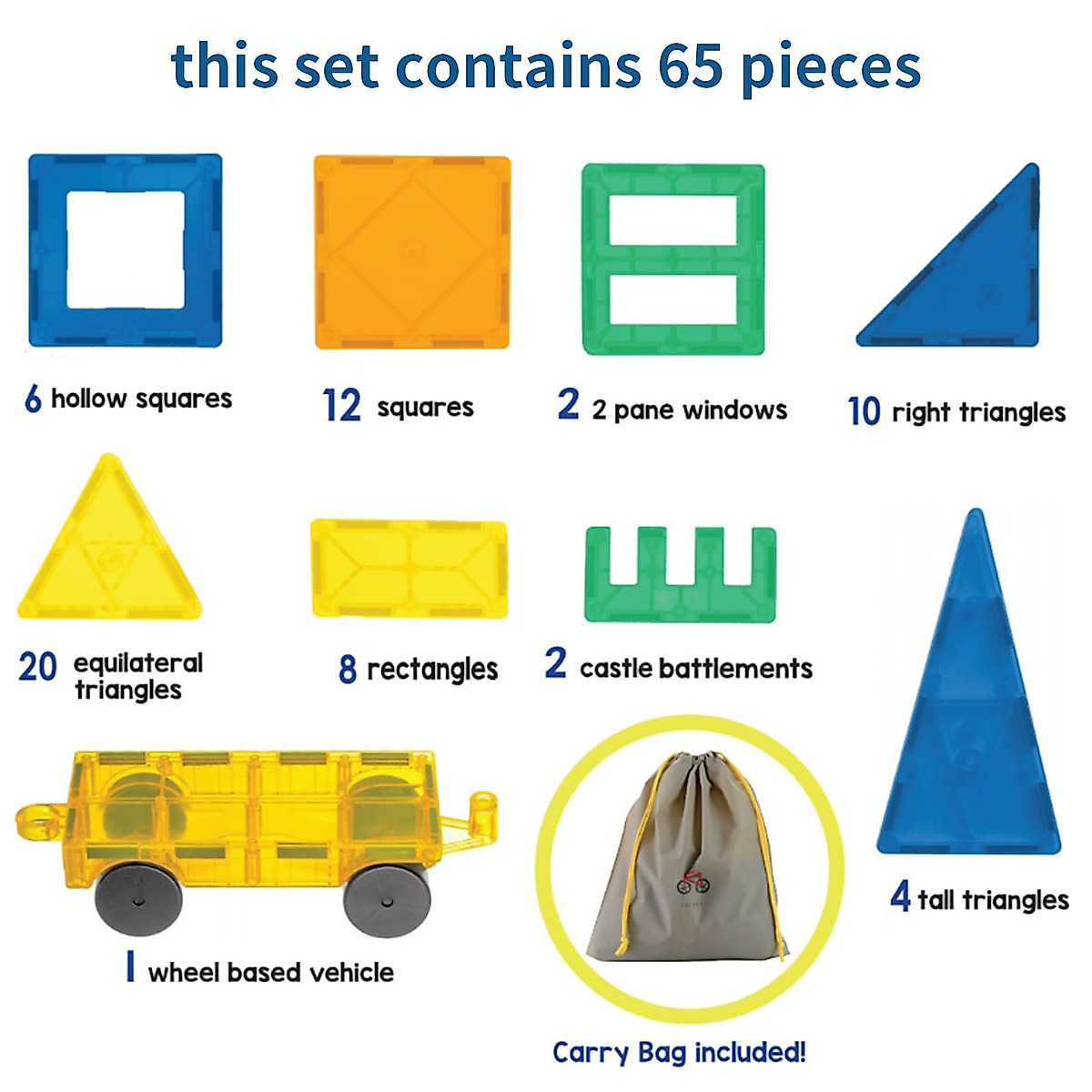 vanstarry 65 Piece Magnetic Tiles Building Blocks Set for Boys Girls Preschool Educational Construction Kit Magnet Stacking Toys for Kids Toddlers Children 3 4 5 6 7 8 Year Old