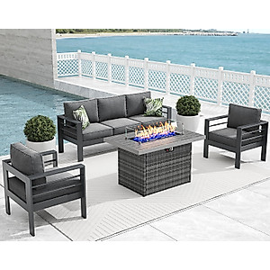 Vakollia 4 Pieces Modern Aluminum Patio Furniture Set with Fire Pit Table, Outdoor Conversation Sets Metal Sectional Sofa
