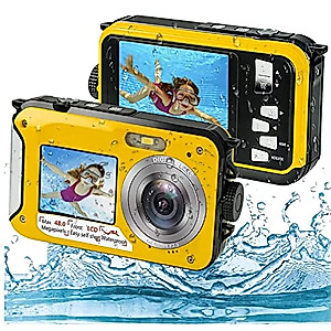 Digital Camera, FHD 2.7K 48MP Vlogging Camera with 16X Digital Zoom, Dual LCD Screen Rechargeable Battery, Waterproof Compact Kids Camera for Adults, Kids, Student, Teens (Yellow)