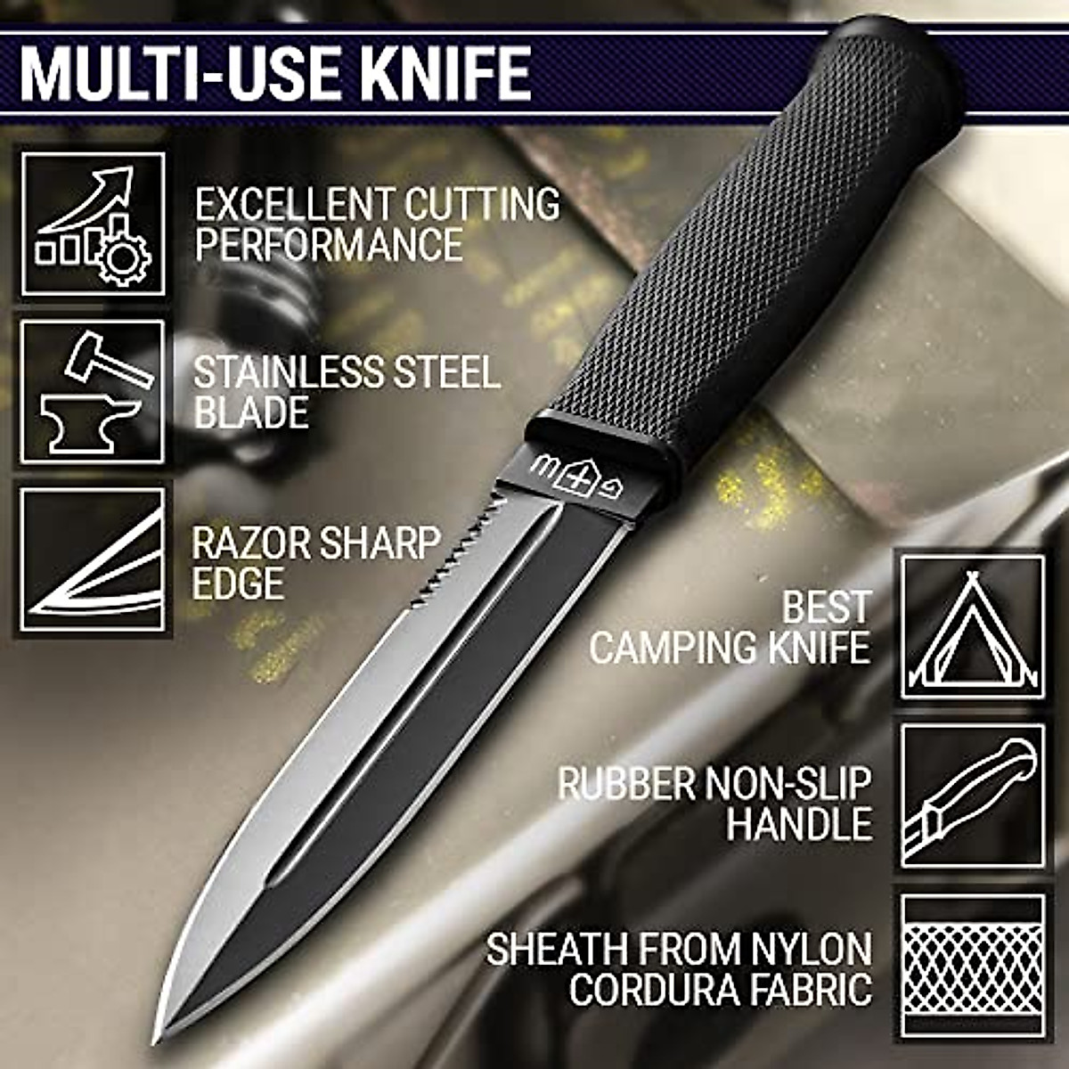 Knife for Men with Sheath - Black Tactical Knives - Cool Hunting Knofe Fixed Blade Knife with Serrated Blade - Best EDC Survival Camping Hiking Military Tool Sharp Belt Boot Knives Gift for Men 2503