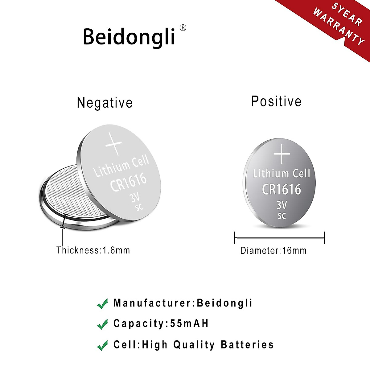 Beidongli CR1616 Battery 3V Lithium Battery Coin Button Cell 10 Pack 【5-Year Warranty】