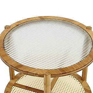 PaNeTnya 22 inch Bamboo Side Table End Table,2 Tier Round Side Table with Rattan Shelf and Glass Tabletop,Coffee Table for Living Room,Dining Room and Bedroom