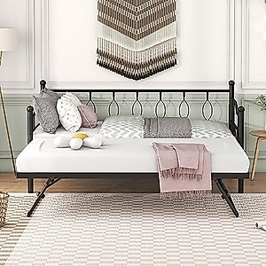 RORIGAT Twin Daybed with Trundle, Metal Day Bed with Adjustable Trundle, Twin to King Daybed with Portable Folding Trundle for Kids Teens Adults, Heavy Duty Steel Slat Support, Black