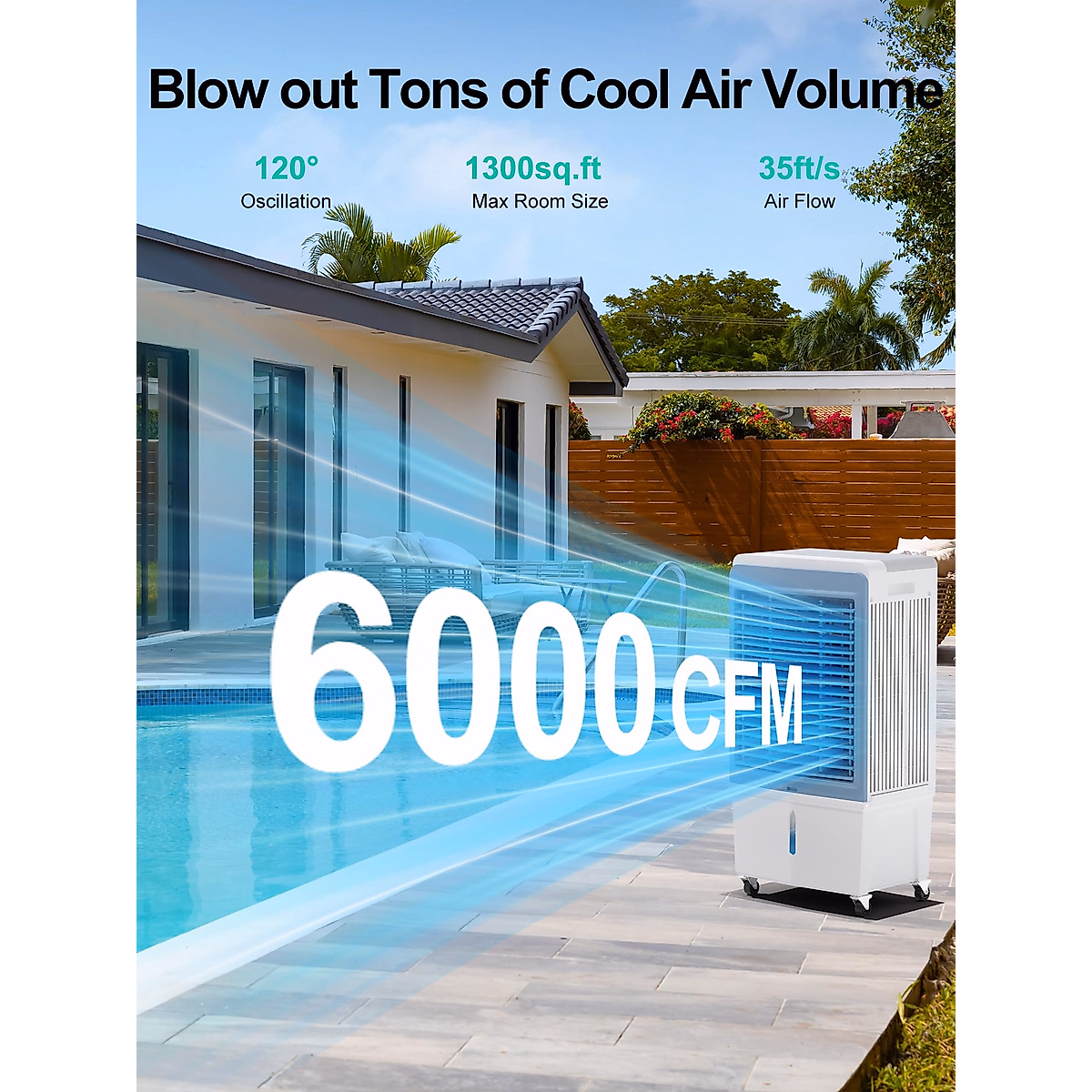 Uthfy Evaporative Air Cooler, 6000 CFM Swamp Cooler with 13.5 Gallon Water Reservoir, 120°Oscillation Portable Air Cooler with Remote Control, 12H Timer, 3 Wind Speeds for Outdoor Indoor Use