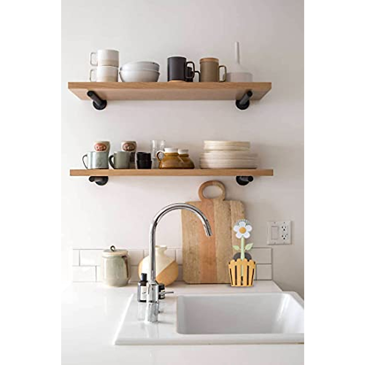 Vigar Florganic 3-piece Sink Caddy Set, Eco-friendly Daisy-shaped Dish Brush, Sponge and Fence-shaped Holder with Suction Cup, Orange