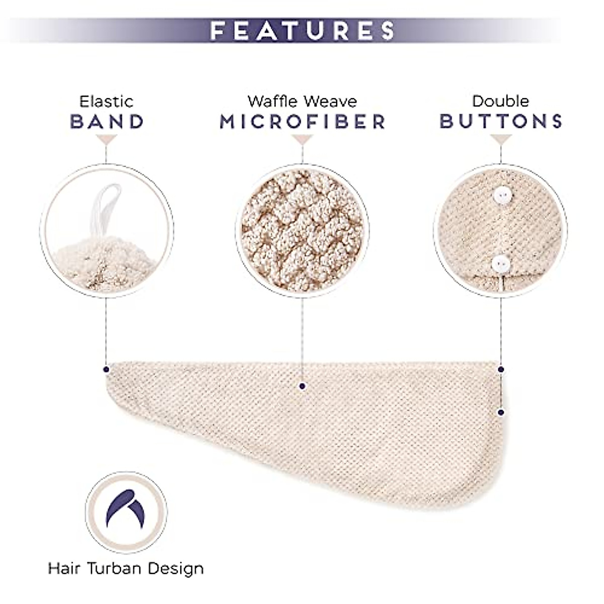 Microfiber Hair Towel for All Hair Style, 2 Pack Quick Drying Hair Turban - Perfect for Women, Men and Kids (Beige + Grey)