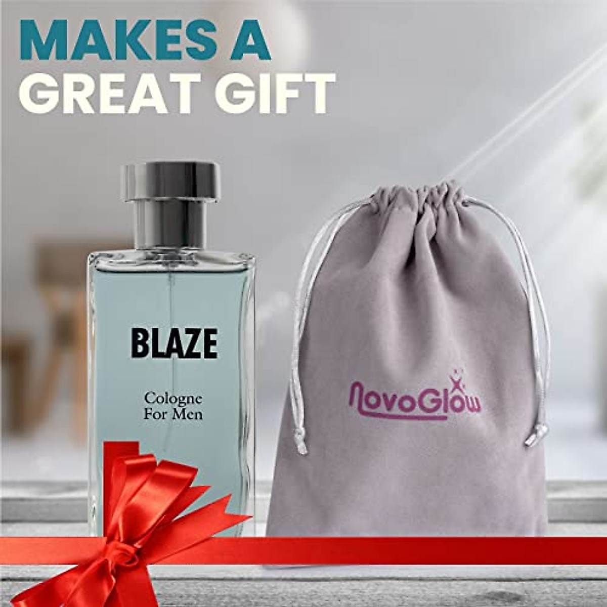 NovoGlow Blaze Eau de Parfum Cologne for Men With Luxurious Suede Pouch - Marine Breeze, Sandalwood And Sensual Musk Wood Notes– 100ml – 3.4 oz – Great Gift For Men