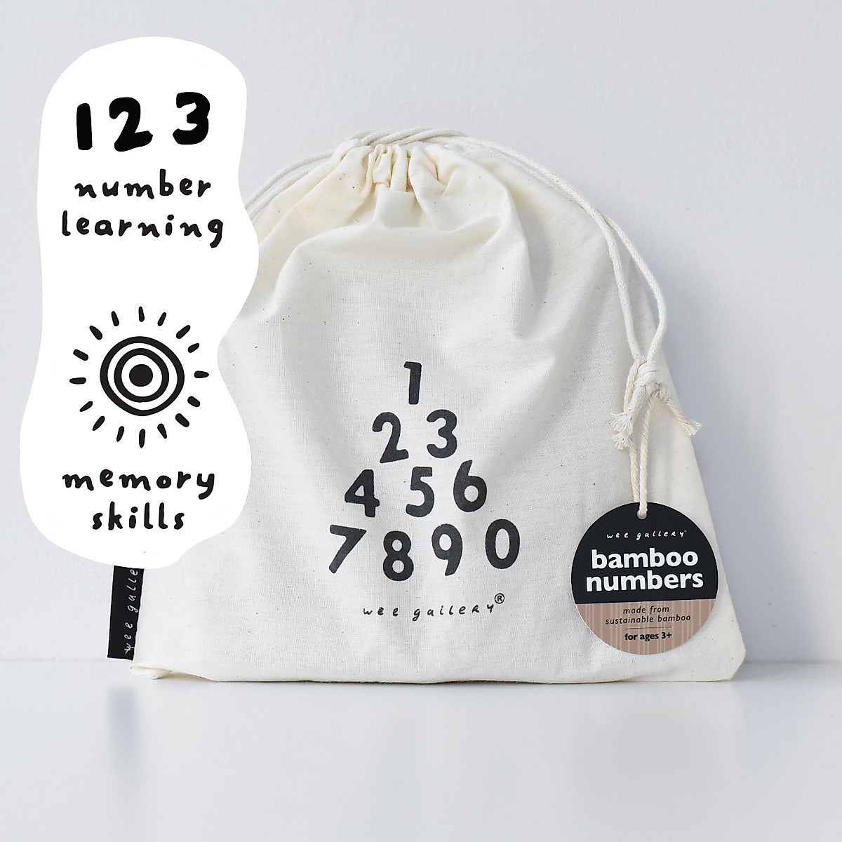 Wee Gallery Bamboo Numbers Set - Number Learning for Baby, Toddler, Preschool Age Kids - Interactive Wooden Numbers to Stimulate Early Development Through Educational Toys