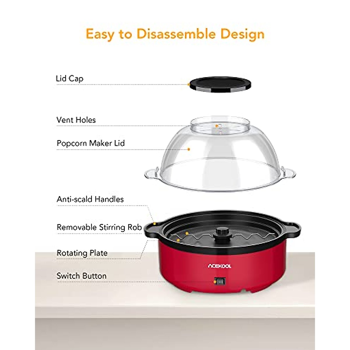 Upgraded, ACEKOOL Popcorn Maker, Multifunctional Popcorn Popper Machine with Nonstick Plate & Stirring Rod, Stir Crazy Popcorn Popper with Large Lid for Serving Bowl and Two Measuring Spoons