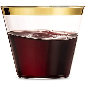 Munfix 600 Piece Gold Dinnerware Set - 100 Gold Rim 10 inch Plastic Plates 100 Gold Rim 7 Inch Plates -300 Gold Plastic Silverware - 100 Gold Plastic Cups - 100 Guest Disposable Gold Dinnerware Set