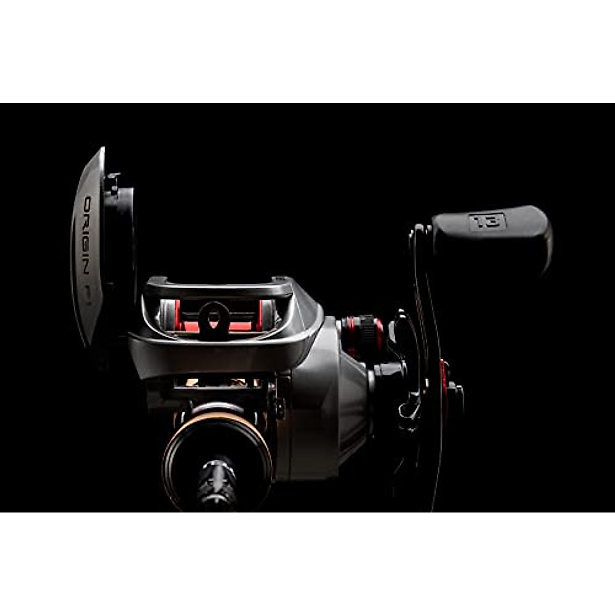 13 FISHING - Origin F1 Baitcast Reel - 6.6:1 Gear Ratio - Left Hand Retrieve (100 Size) (Fresh) - OF1-6.6-LH,Silver/Black/Red