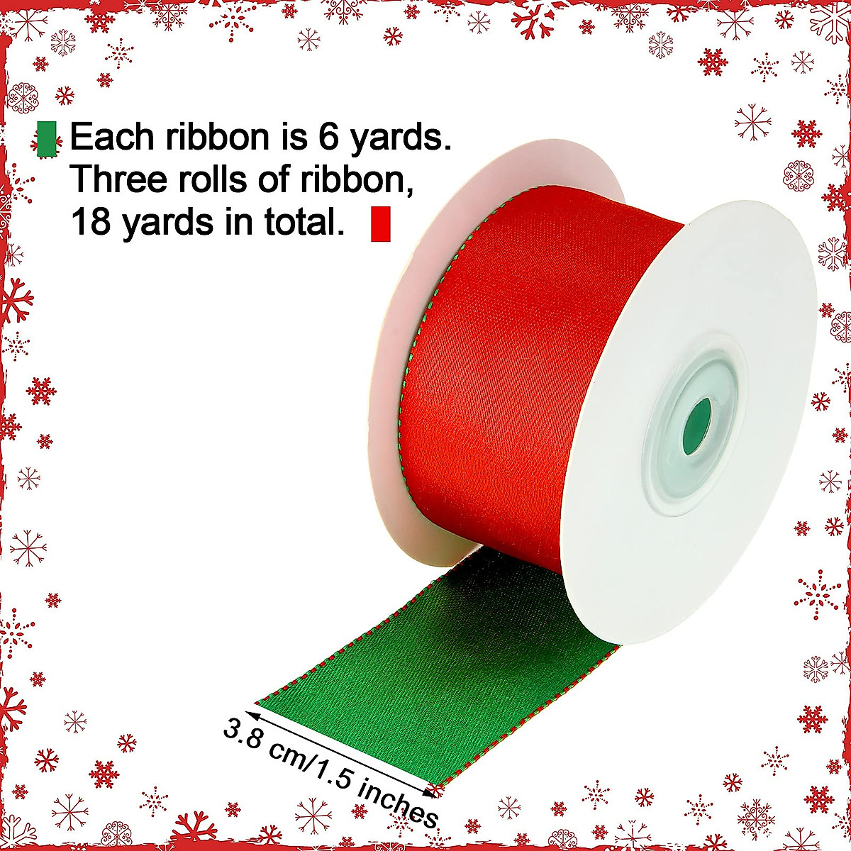 3 Rolls Christmas Ribbon 1.5 Inch 18 Yard Double Faced Ribbon Polyester Fabric Ribbon Roll for Christmas Tree Present Garland Bow Wreath Garland Wrapping Home Decoration (Green Red)