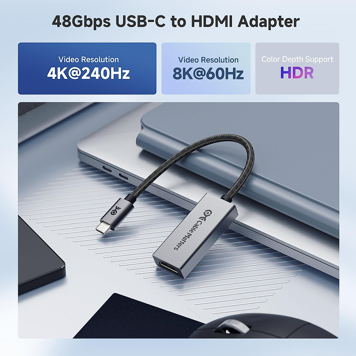 Cable Matters 48Gbps USB C to HDMI 2.1 Adapter, Supports 8K 60Hz / 4K 240Hz HDR, Thunderbolt 4 to HDMI 2.1, HDMI 2.1 to USB C Adapter, Compatible with Thunderbolt 5 - Max Resolution on Mac is 4K@60Hz