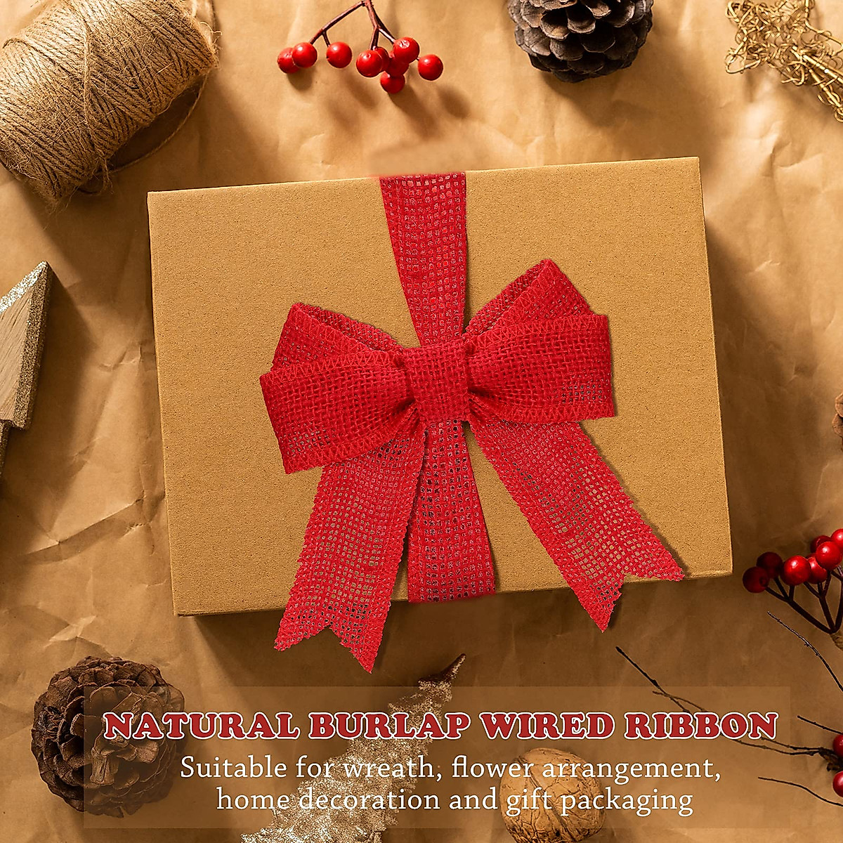 Waydress Natural Burlap Ribbon Burlap Edge Ribbon Fabric Craft Ribbon for Bow Wreath Tree DIY Decor Outdoor Wedding Home Christmas Party Decoration(1.5 Inch x 20 Yard,Red)