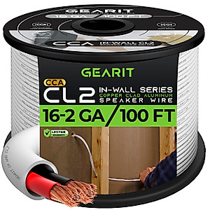 GearIT 16/2 Speaker Wire (100 Feet) 16 Gauge (Copper Clad Aluminum) - Fire Safety in Wall Rated Audio Speaker Wire Cable / CL2 Rated / 2 Conductors - CCA, 100ft