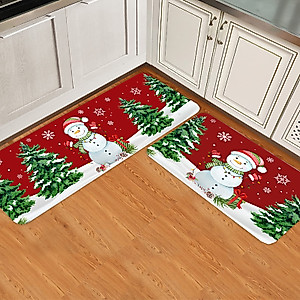 Snowman Christmas Kitchen Mats Sets 2 Piece, Xmas Snowman Tree Snowflake Red Background Kitchen Rugs and Mats Non-Slip Washable Runner Carpets for Christmas Decorations, 15.7" x 23.6" + 15.7" x 47.6"