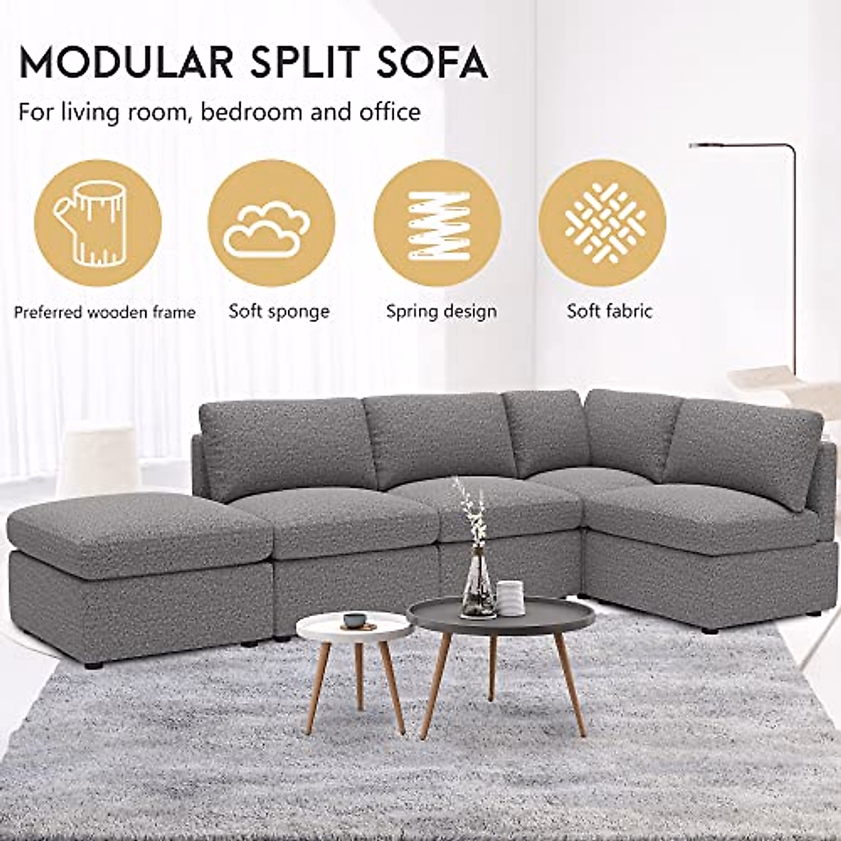 PayLessHere L shaped Sofa Couch Convertible Sofa 4-Seat Sofa Modular Sectional Sofa Couch for Living Room Bedroom Office,Gray