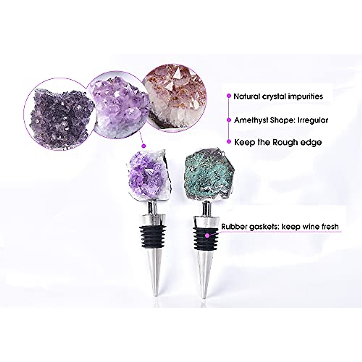 AMOYSTONE Amethyst Cluster Geode Stoppers Natural Crystal Stone Bottle Wine Stopper 1P 4" Irregular