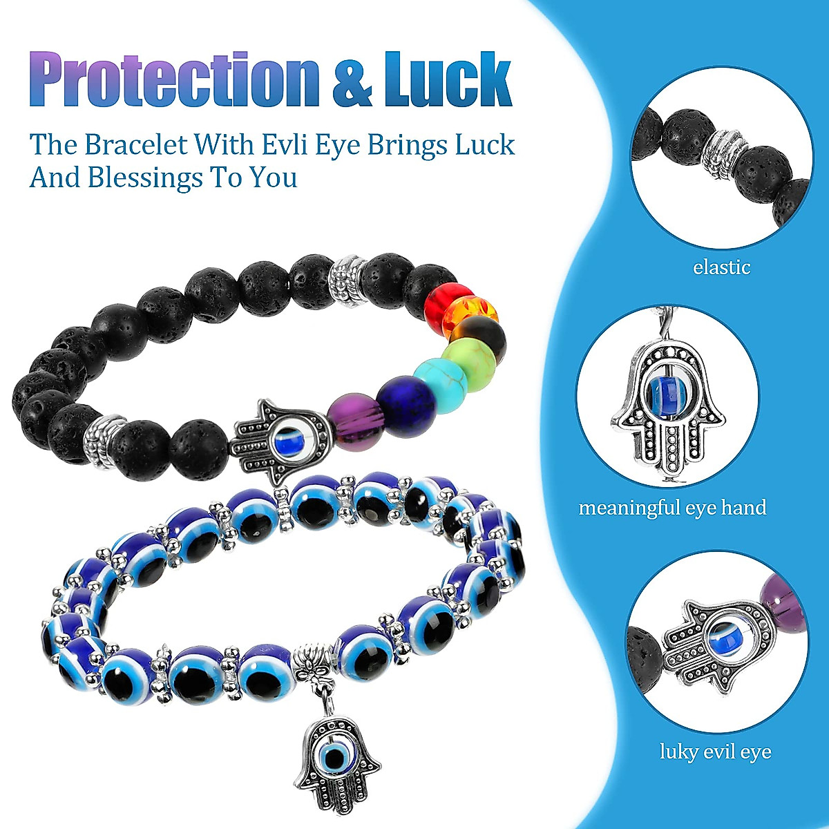 2 Pieces Evil Eye Bracelet Hand of Fatima Bracelet 7 Chakras Bracelet Evil Eye Stretch Beaded Bracelet Hamsa Hand Gemstone Bracelet Good Luck Protection Crystals Healing Stones Bracelet for Women