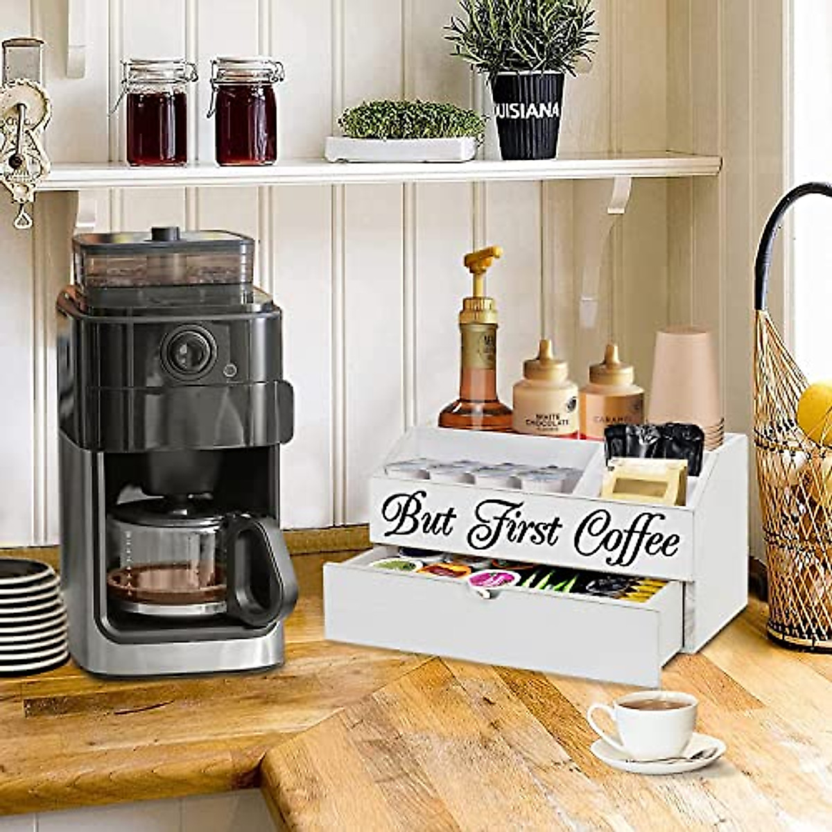Coffee Station Organizer, Wood K Cup Coffee Pods Holder with Drawer, Countertop Coffee Bar Accessories Tea Bag Organizer, Coffee Bar Condiment Organizer for Coffee Bar Decor, Coffee Lovers Gift