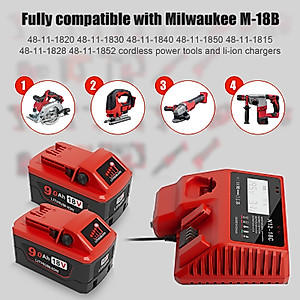 Komifolen 2 Pack 9.0Ah 18V Battery and Charger Replacement for Milwaukee M18 Batteries 48-11-1880 48-11-1860 48-11-1850 48-11-1828,2024 New Version High Demand