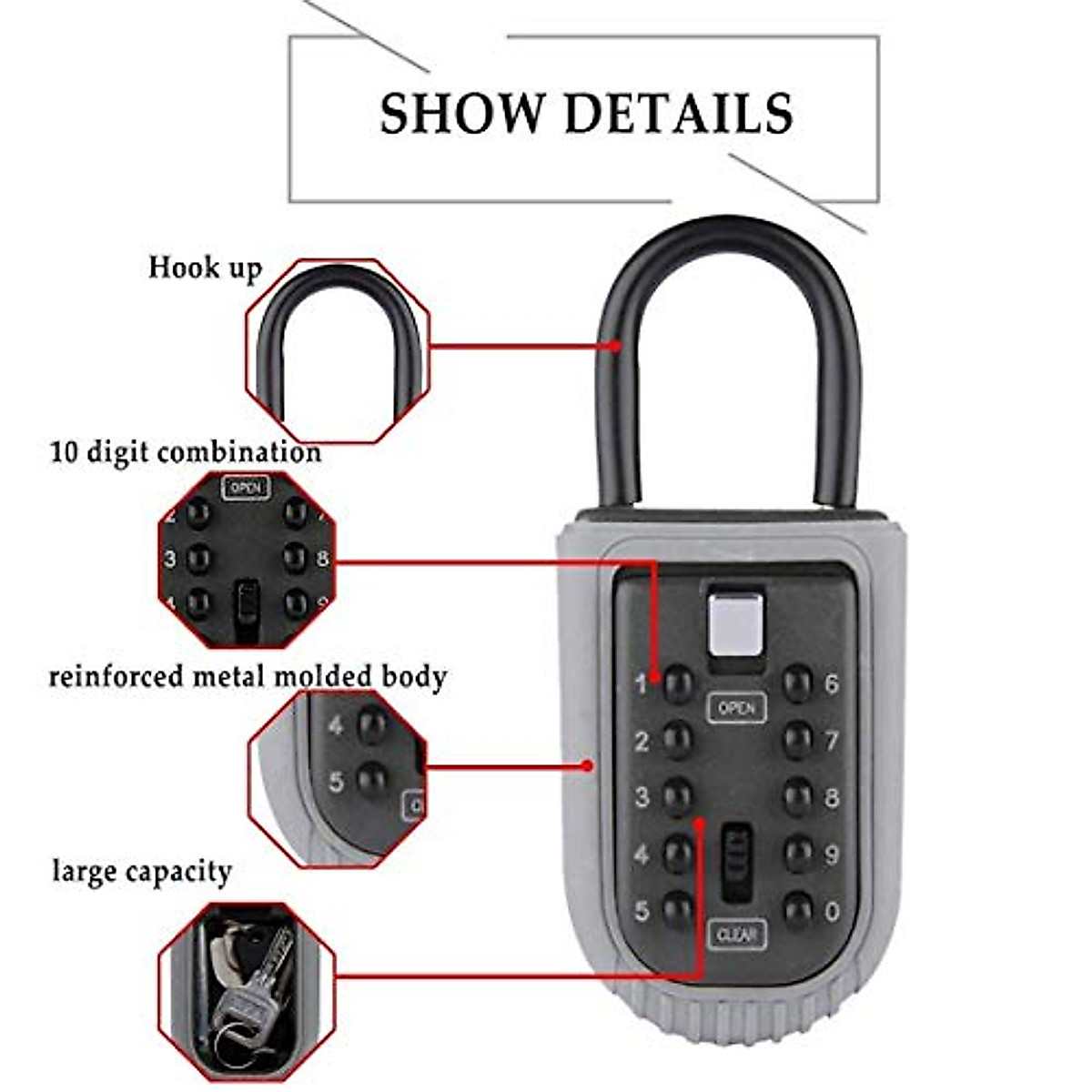 CCYX Key Lock Box,Realtor Key Lock Box Safe Lockbox 10-Digit Push Button Combination Safe Vault - Portable Outdoor Stor a Key - Door Handle or Fence Mount.