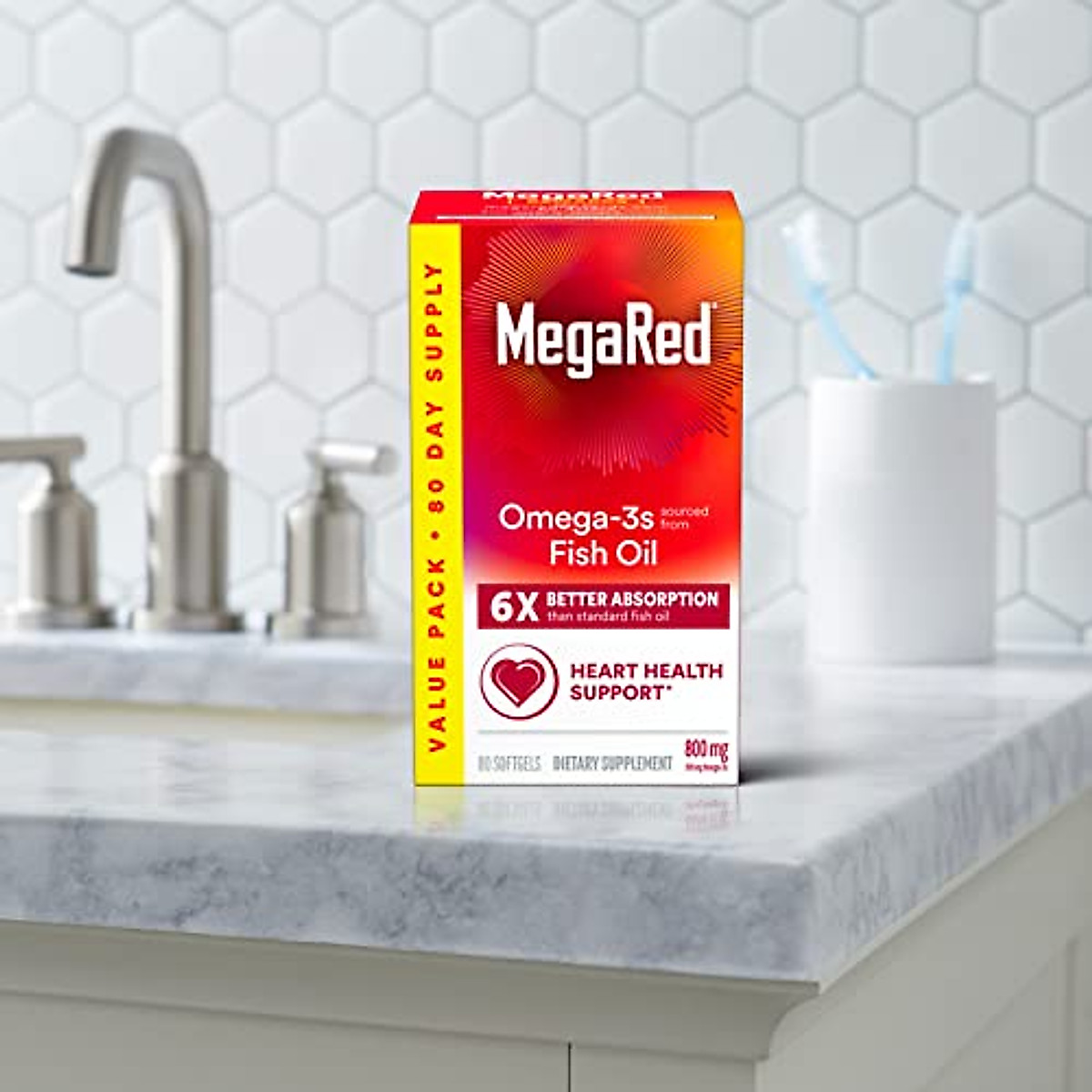 MegaRed Omega 3 Fish Oil Supplement 800mg (per Serving), Advanced 6X Absorption EPA & DHA Omega 3 Fatty Acid Softgels (80cnt Box), Phopholipids, Supports Brain Eye Joint & Heart Health