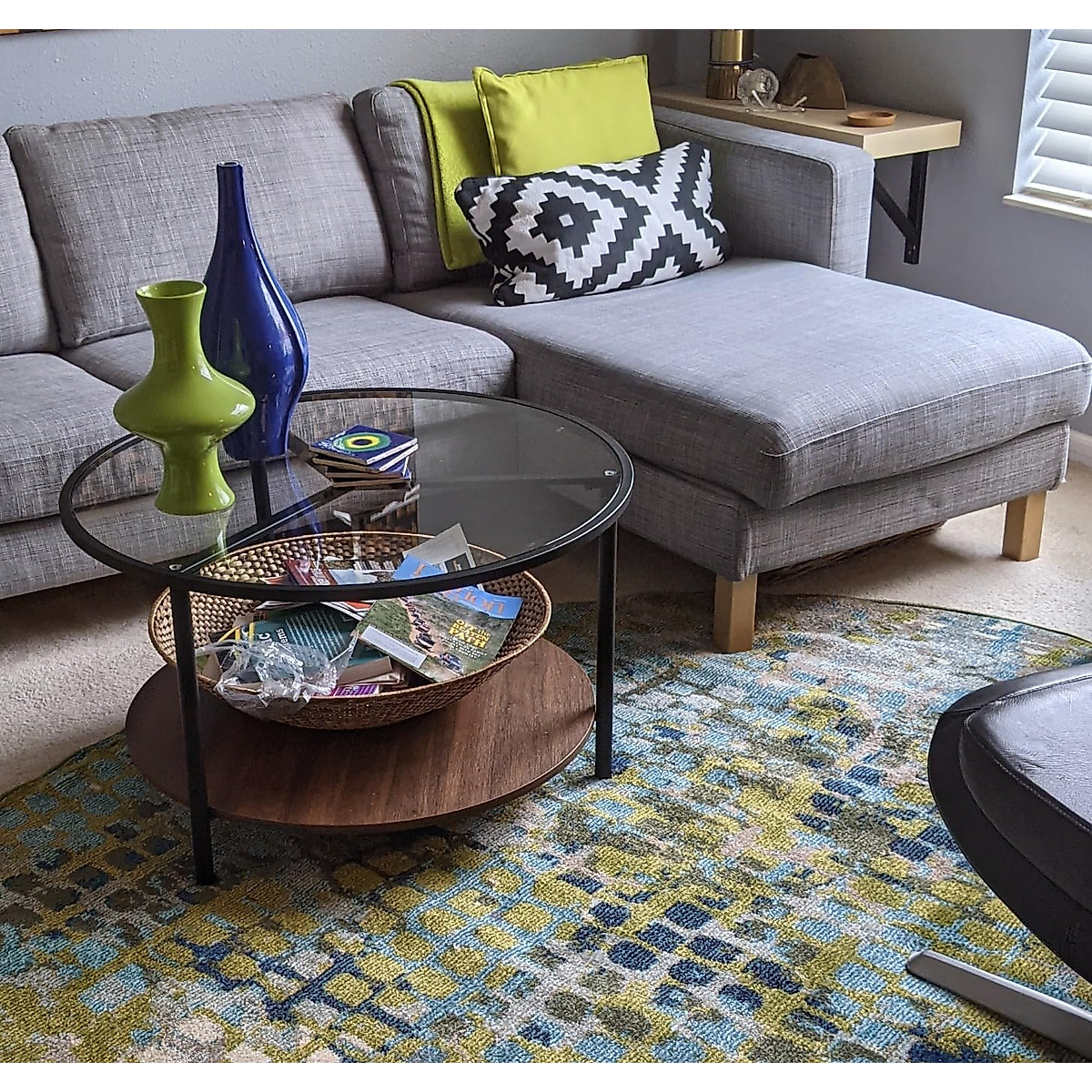 Moncot Round Coffee Table Small Coffee Table with Glass Top and Walnut Wood Shelf Modern Center Table with Metal Frame for Living Room