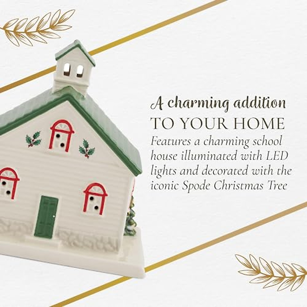 Spode Christmas Tree Miniature Village Figural Decoration, LED Lighted Village Set, Ceramic Holiday Decor - Dolomite Collectible for Indoor Display (School House)