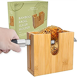 Bamboo Bagel Slicer Holder for Safe & Even Slices - Removable Bottom For Cleaning - Bagel Slicer for Small and Large Bagels with Anti-Slip Base - Bagel Holder Bread Slicer - Bagel Cutter Slicer