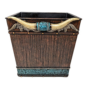 BestGiftEver Rustic Decorative Storage Bin | Southwestern Tooled Leather-Designed Wastebasket with Faux Horns | Unique Trash Bin Ideal for Native American Themed Enthusiasts