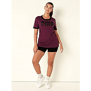 Victoria's Secret Pink Cotton Short Sleeve Ringer T-Shirt, Rich Maroon, X-Small