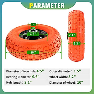 4.10 3.50-4 Tire and Wheel, 10 Inch Flat Free Tires 4 Pack with 5/8” Axle Bore Hole and Double Sealed Bearings, for Dolly Tires/Hand Truck Tires/Dump Cart Tires