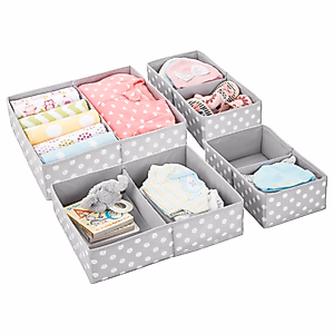 mDesign Fabric Drawer Storage Divider Organizer Bins for Nursery, Kids Bedroom Dresser, Closet, Shelf, Playroom Organization, Hold Clothes, Toys, Diapers, 2 Pack, Gray/White Polka Dot