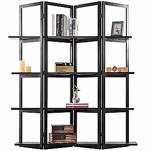 MyGift 4-Panel Open Bookcase Black Wood Room Divider with 4 Shelves