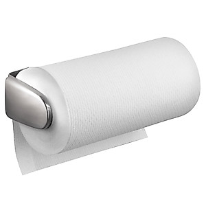mDesign Metal Wall Mounted Paper Towel Holder Dispenser for Walls or Under Cabinet in Kitchen, Pantry, Cupboard, Sink Storage, Holds Jumbo Rolls - Omni Collection - Brushed Stainless Steel