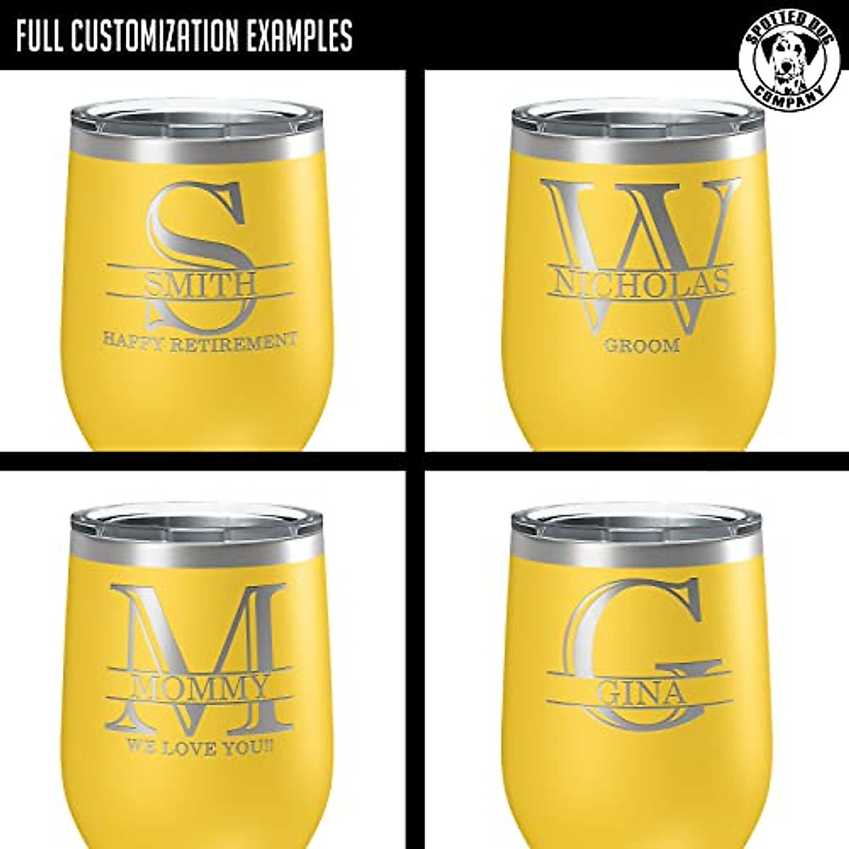 Personalized 12oz (17 Colors) Powder Coated Stainless Steel Stemless Wine Tumbler with Lid, Custom Etched, Customized Gift for Women Her, Wine Lover, Halpert Monogram Initial Name (Yellow)