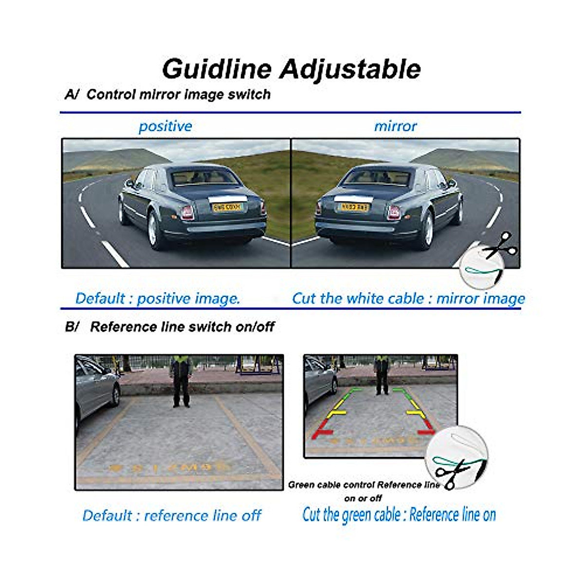 Backup Camera for Car Casoda Wide View Angle 2-in-1 Universal Car Front Side Rear View Camera,2 Installation Options Removable Guildlines,Mirror Non-Mirror Image,12V Only