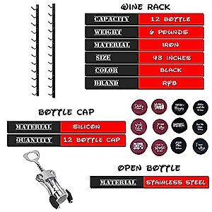 RYB (4 Ft) Wine Rack Wall Mounted,Metal Wall Mounted Wine Rack 12 Bottles, Vertical Wine Rack Wall Mounted Including 12 Silicone Stoppers and One Bottle