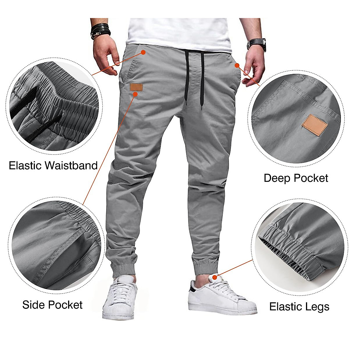 JMIERR Mens Casual Joggers Pants - Cotton Drawstring Chino Cargo Pants Hiking Outdoor Twill Track Jogging Sweatpants Pants with Pockets for Men, US 40(2XL), C Light Grey