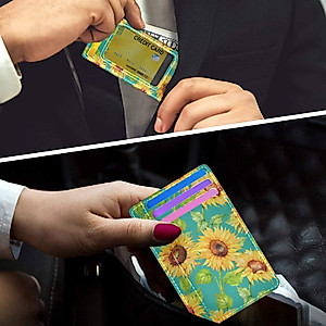 Linomo Thin leather Card Holder and Money Clip Vintage Sunflower Pattern Wallet RFID Blocking for Men & Women