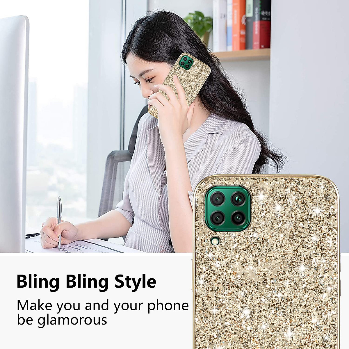 Compatible with Huawei P40 Lite Case Glitter Shockproof,Huawei P40 Lite Phone Case Bling Sparkly Soft TPU and PC Silicone Shiny Girl Women Thin Protective Cover (Gold)