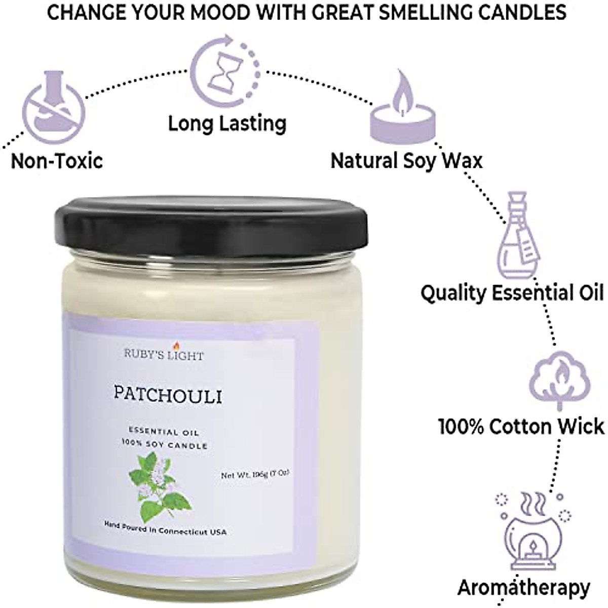 Patchouli Essential Oil Candle | Aromatherapy for The Home | 9 Oz Glass Jar | All-Natural Soy Candles | Cotton Wick | High Scent | 40 Hours Burn Time | Gift for Women & Men (Patchouli)