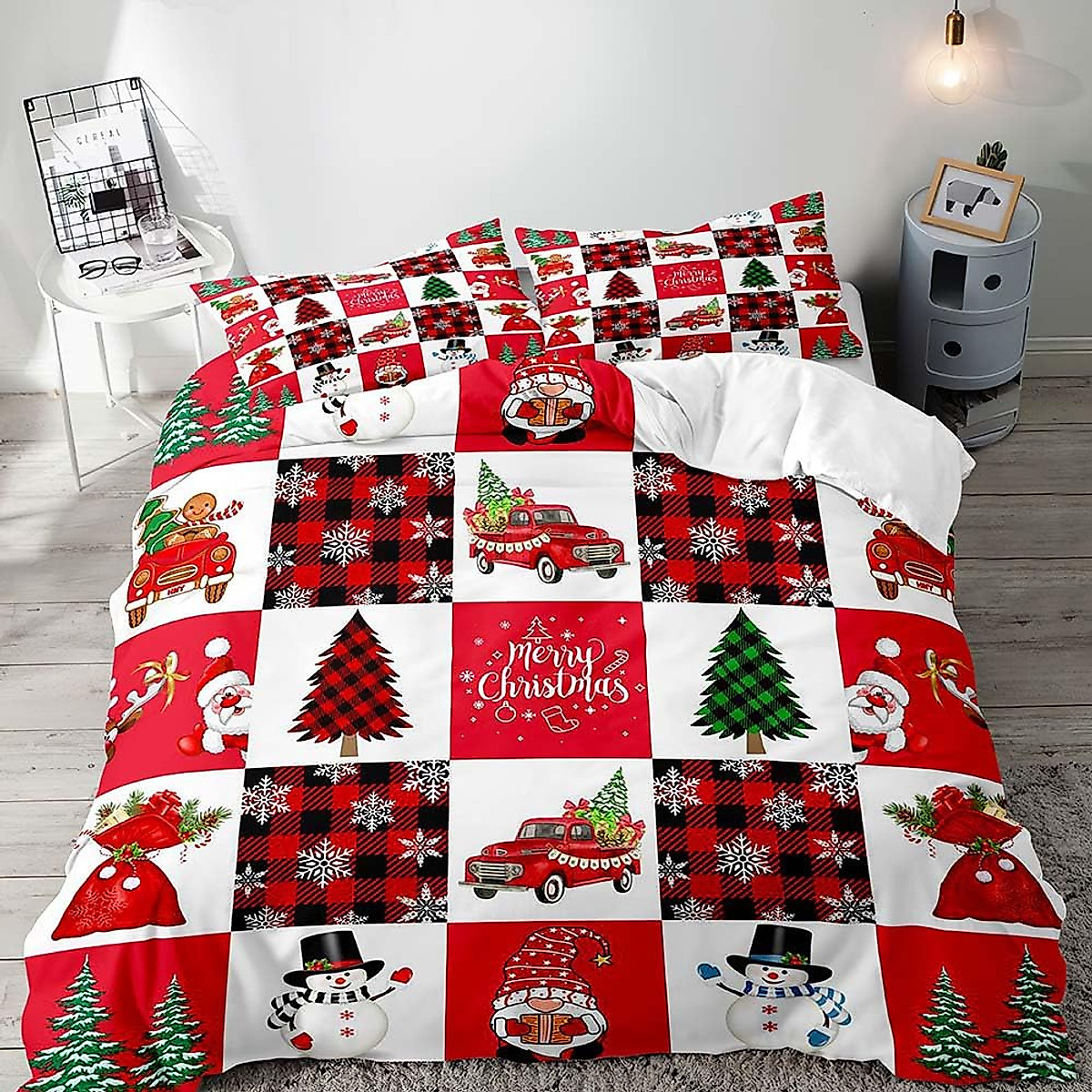 LUVIVIHOME 3PCS Christmas Duvet Cover King Bedding Set, Santa Claus Snowman Gnome Snowflake Christmas Tree Holiday New Year Xmas Checkered White Red Buffalo Plaid Comforter Quilt Cover, 2 Pillow Cases