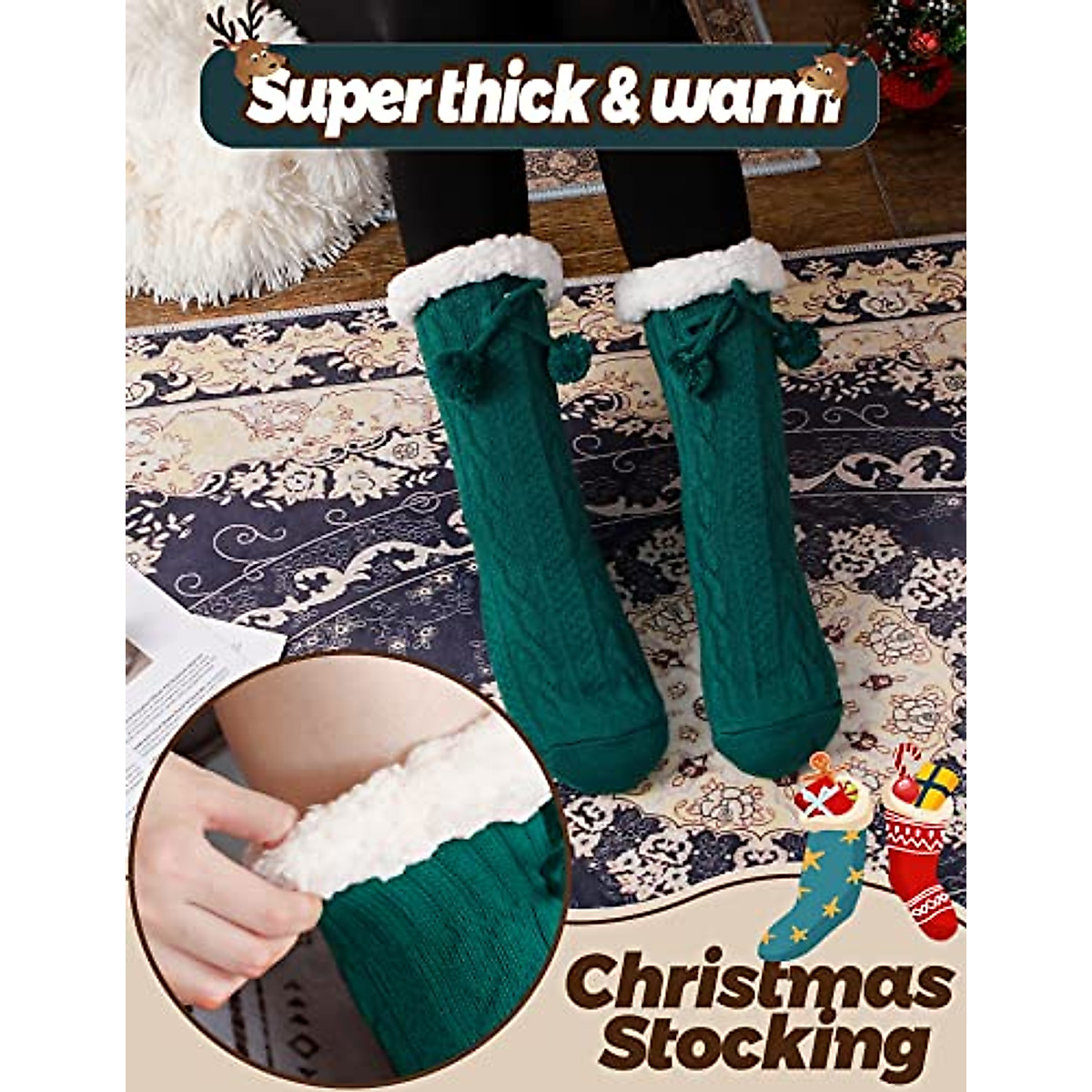 Anlisim Women Slipper Socks Fluffy Fuzzy Cabin Cozy Winter Warm Comfy Soft Fleece Thick Home Stocking Stuffers with Grips Non Skid Gift Socks（Ball (Green)）